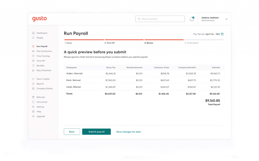 Gusto Payroll dashboard | CompareCamp.com